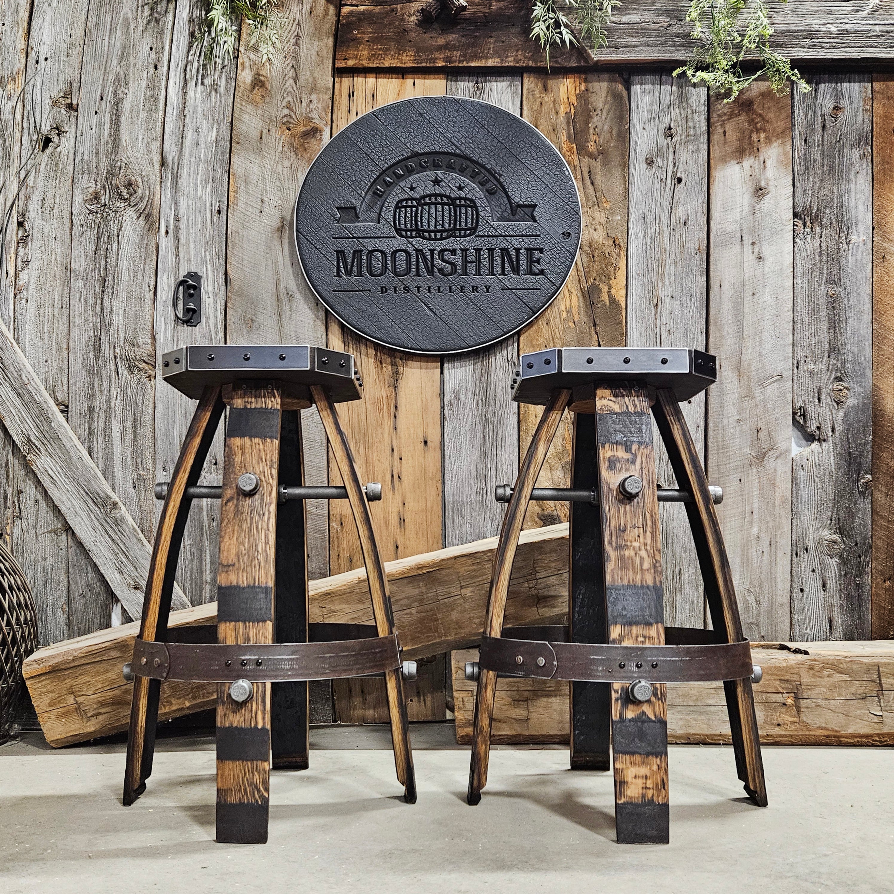 Custom (Logo) Tan Whiskey Barrel Bar Stool | Handcrafted Metal & Wood ...