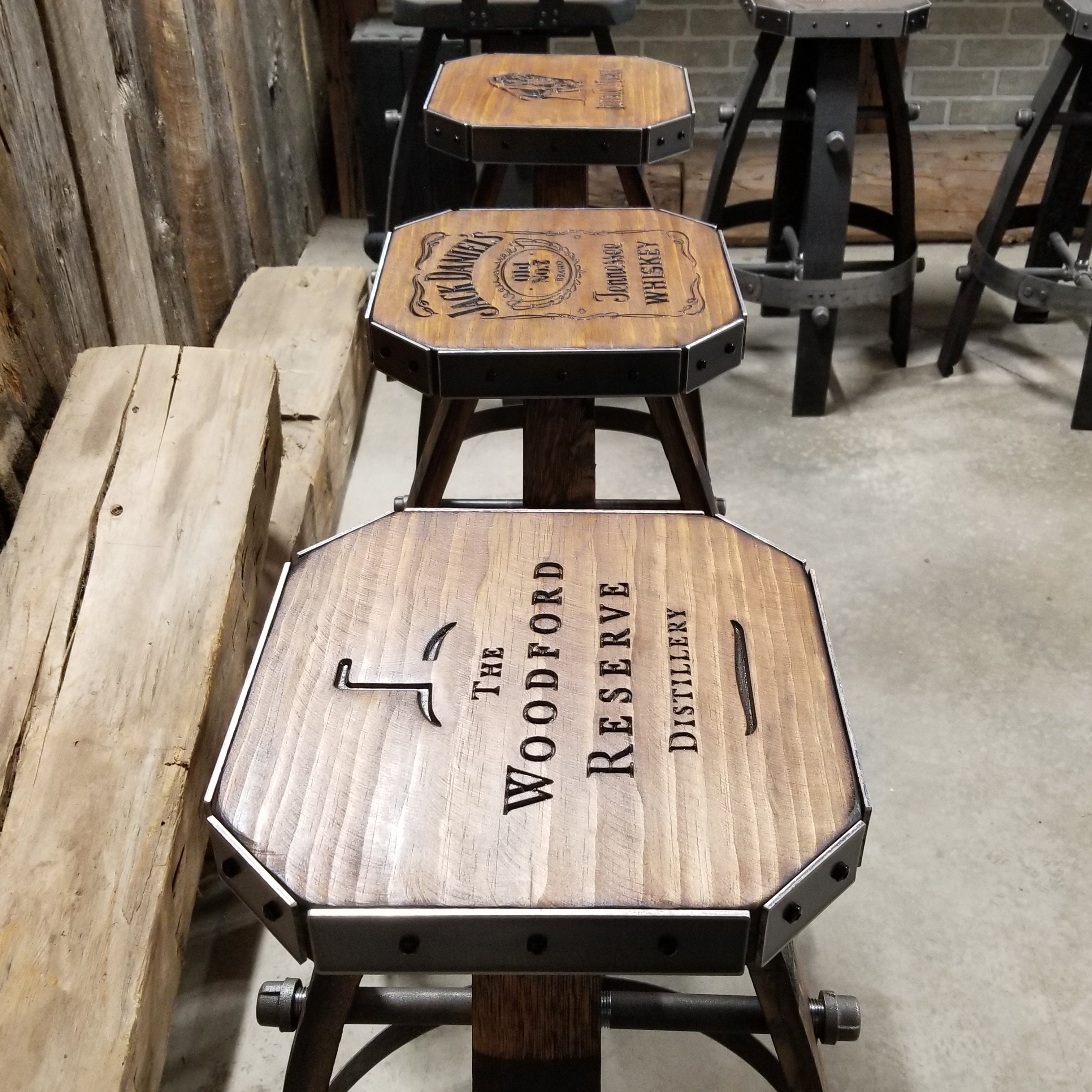 Custom (Logo) Tan Whiskey Barrel Bar Stool | Handcrafted Metal & Wood ...