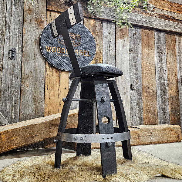 WHISKEY BARREL BAR STOOL WITH BACKING – PADDEL BACK BLACK (WHISKEY BAR ...