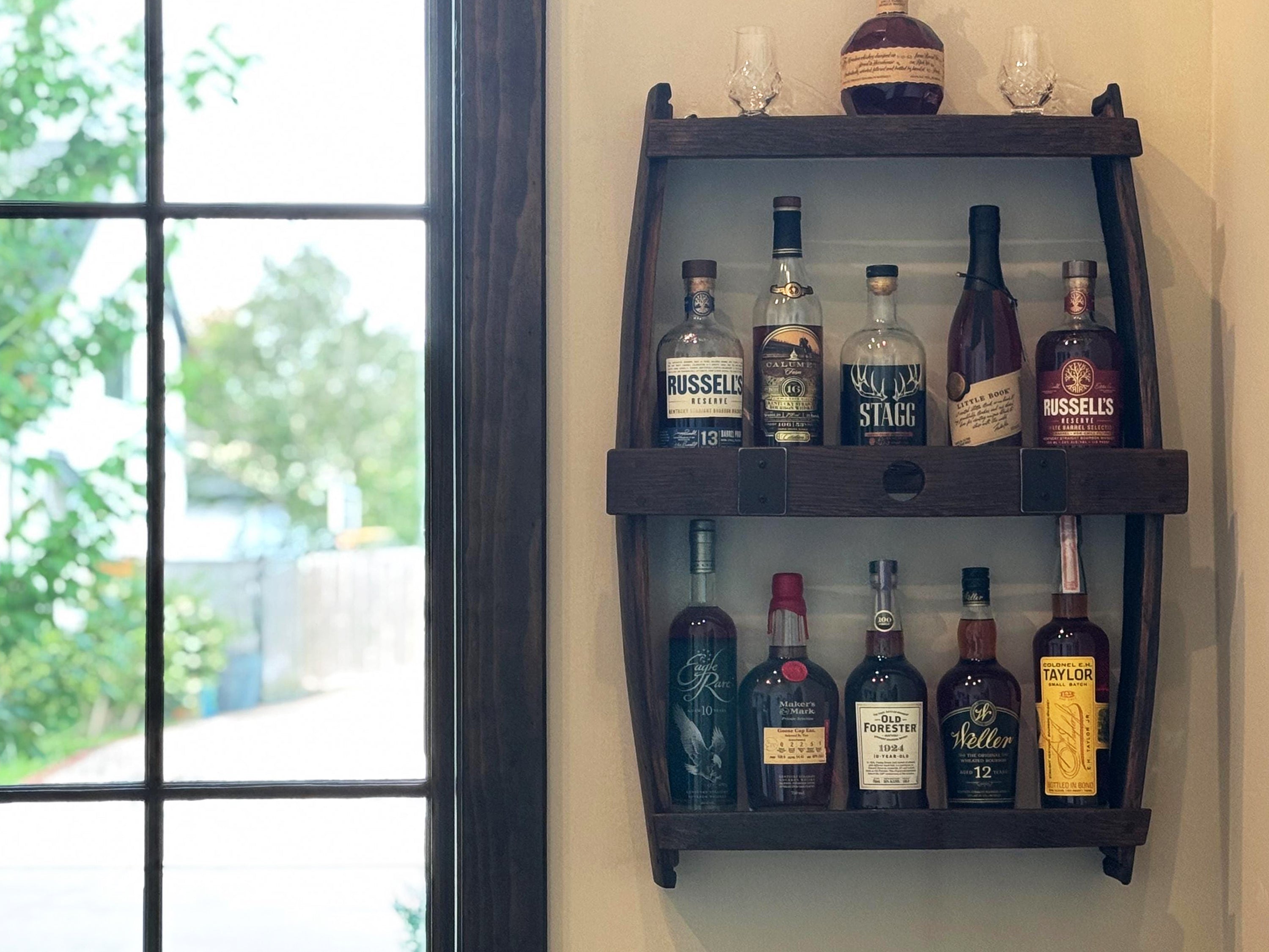 Whiskey Barrel Shelve Display - Whiskey Liquor Rack - Wall Liquor Cabi ...