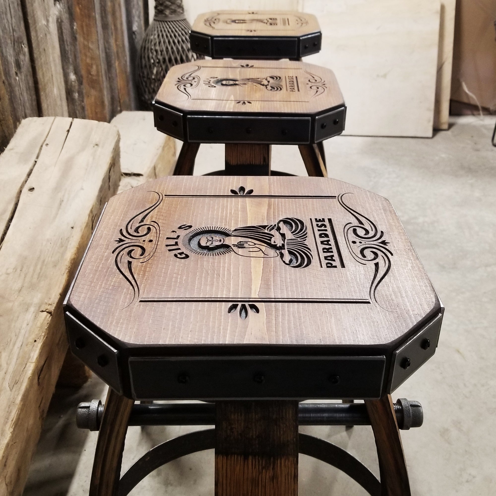 Custom (Logo) Tan Whiskey Barrel Bar Stool | Handcrafted Metal & Wood ...
